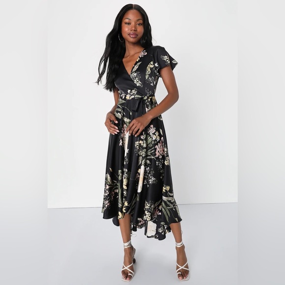 Lulus | Dresses | Lulus Black Floral Print Satin Dress | Poshmark